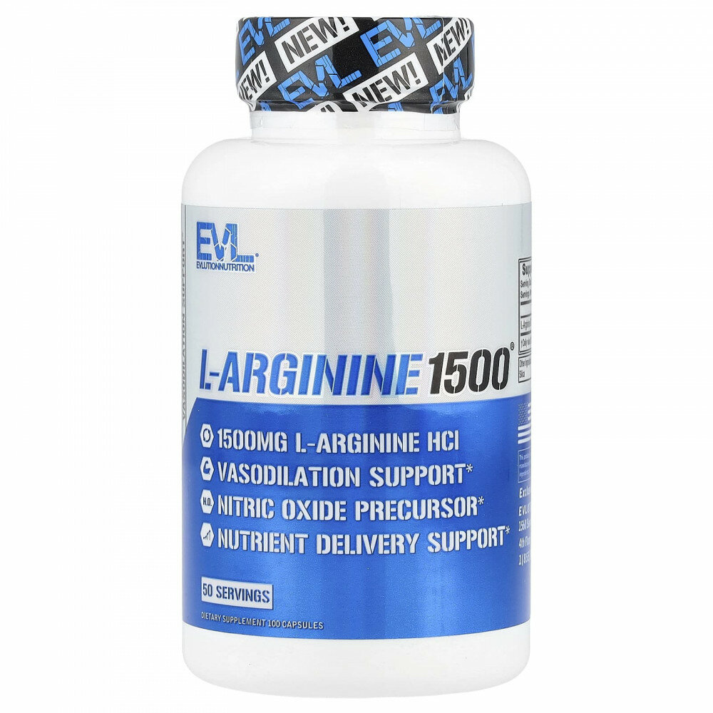 EVLution Nutrition, L-Arginine1500®, L-аргинин, 100 капсул (750 мг в 1 капсуле)