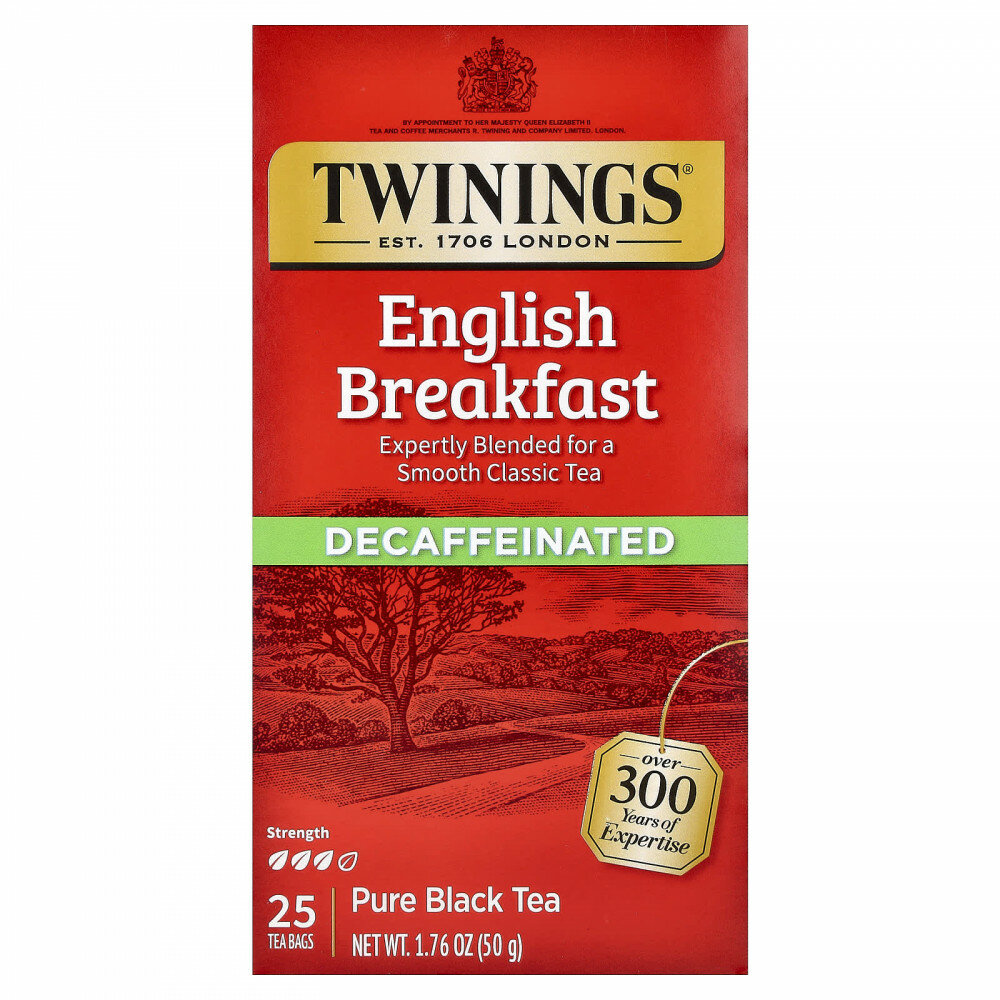 Twinings, чистый черный чай, английский завтрак, без кофеина, 25 чайных пакетиков, 50 г (1,76 унции)