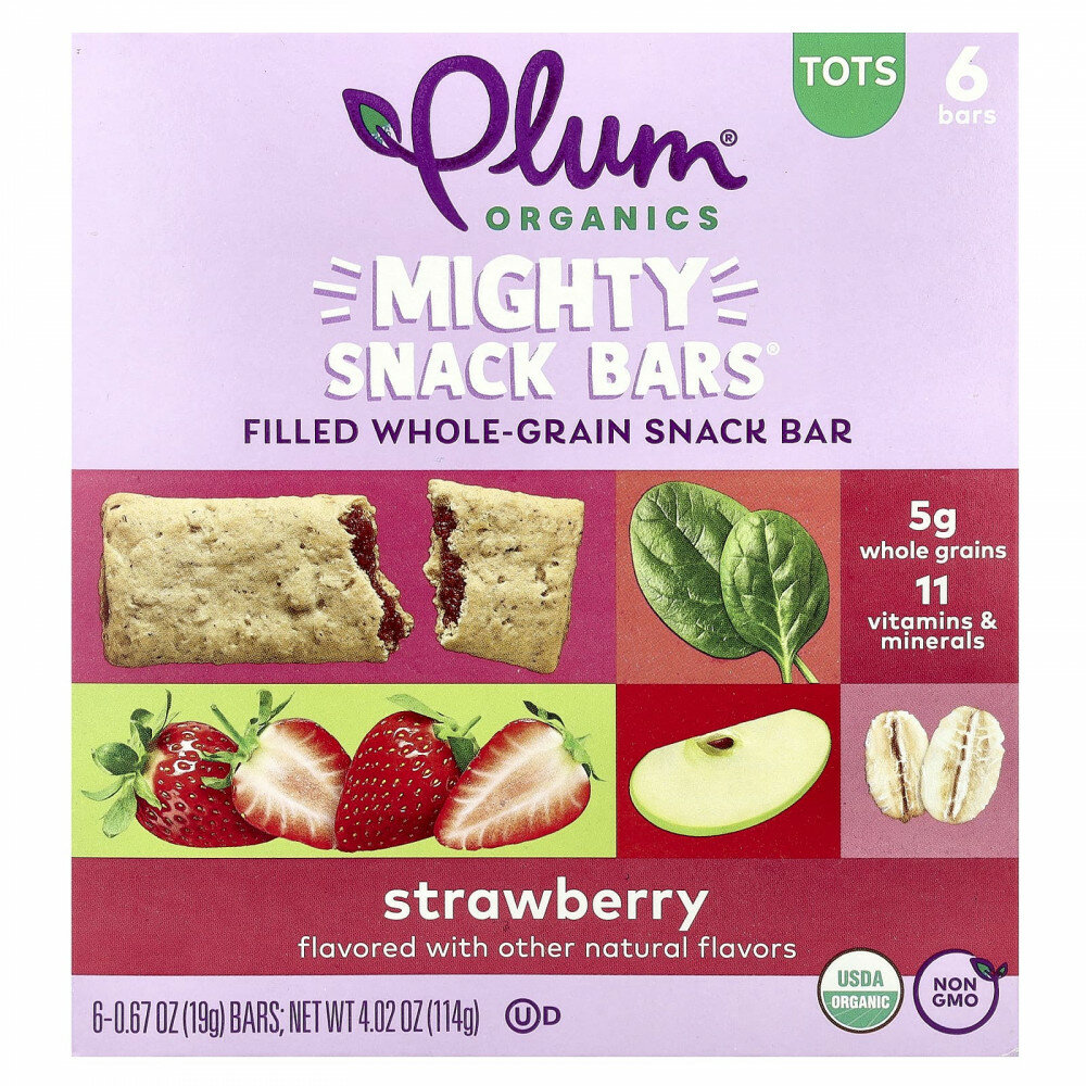 Plum Organics, Mighty Snack Bars®, батончики, клубника, 6 батончиков, 19 г (0,67 унции) каждый