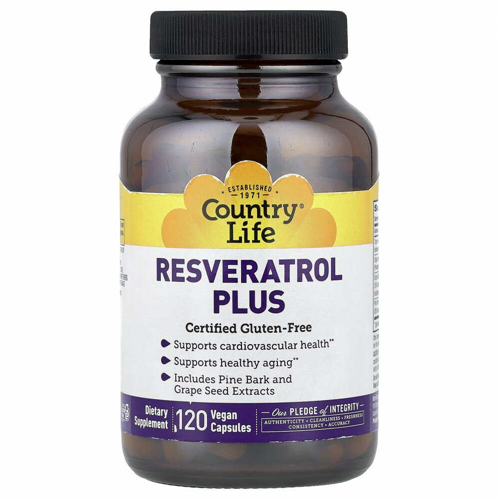 Country Life, Resveratrol Plus, ресвератрол, 120 веганских капсул