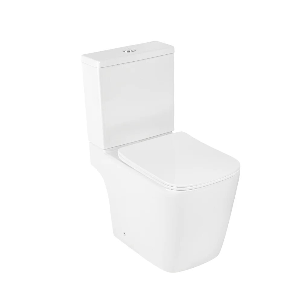 Унитаз-компакт напольный Royce Crown RCT-152204WH с микролифтом, безободковый, фарфоровый, белый, глянцевый, прямоугольный, с нижним подводом, сиденье для унитаза в комплекте