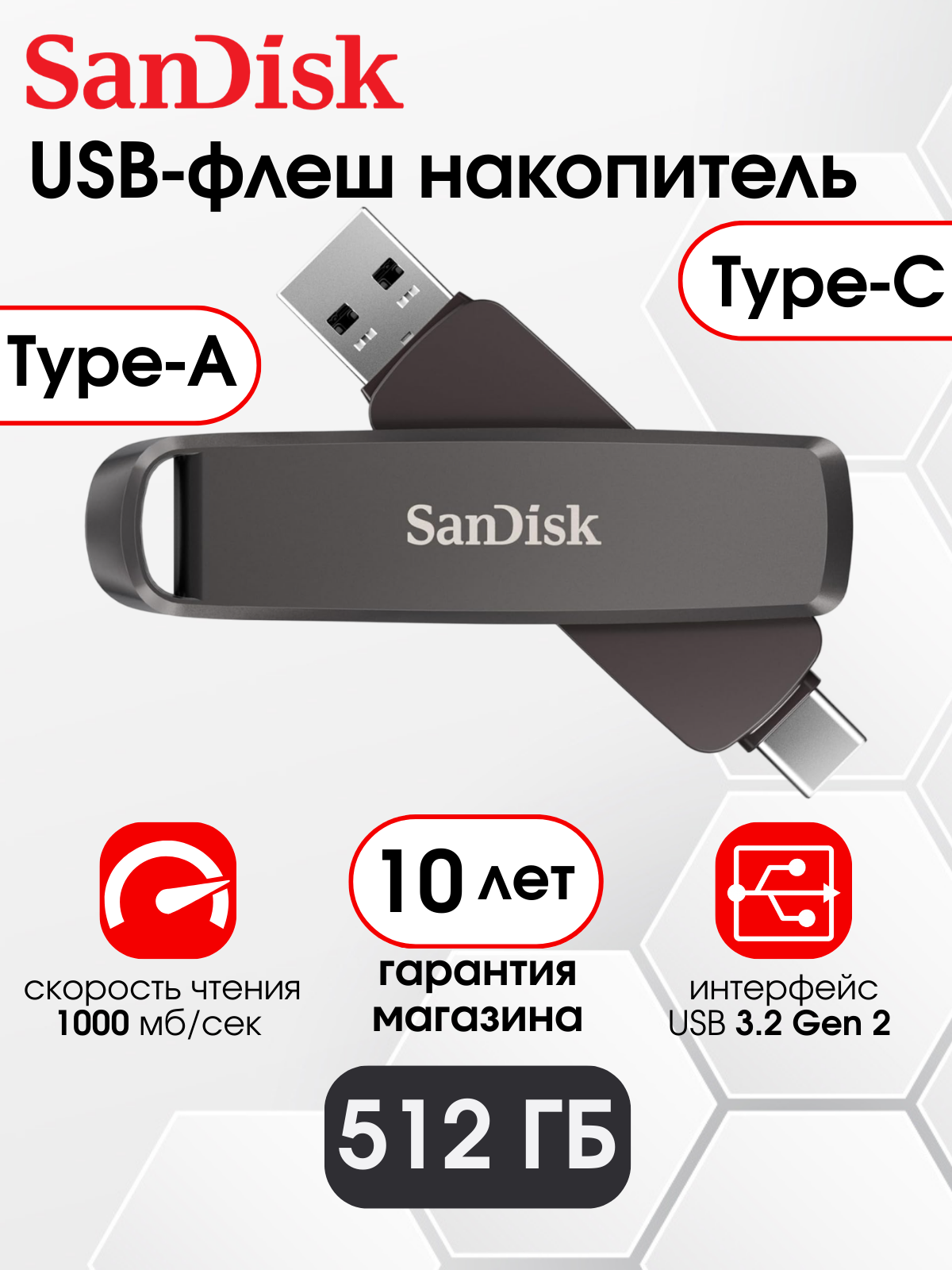 Флеш-накопитель SanDisk Extreme PRO Dual Drive USB Type-C, Type-A, 512 ГБ, 1000 МБ/с (SDDDE1-512G-G46), серый