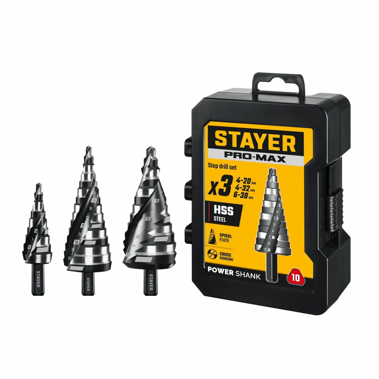 Набор сверл STAYER Pro-Max, ступенчатых, 4-38 мм, винтовая спираль, 3 шт