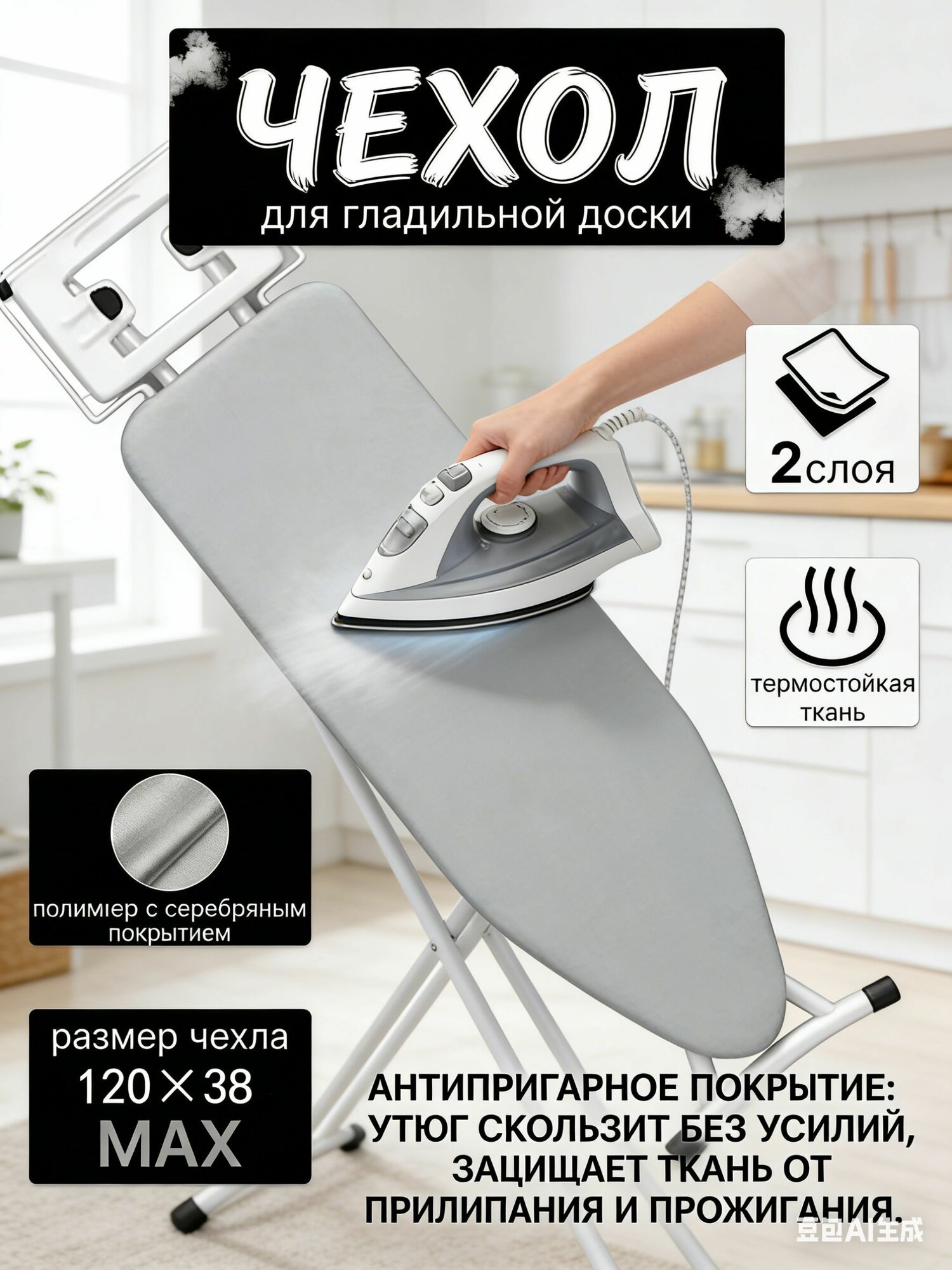 Чехол для гладильной доски "GOODD", антипригарное покрытие, подкладка: хлопковое волокно, 120 см х 38 см