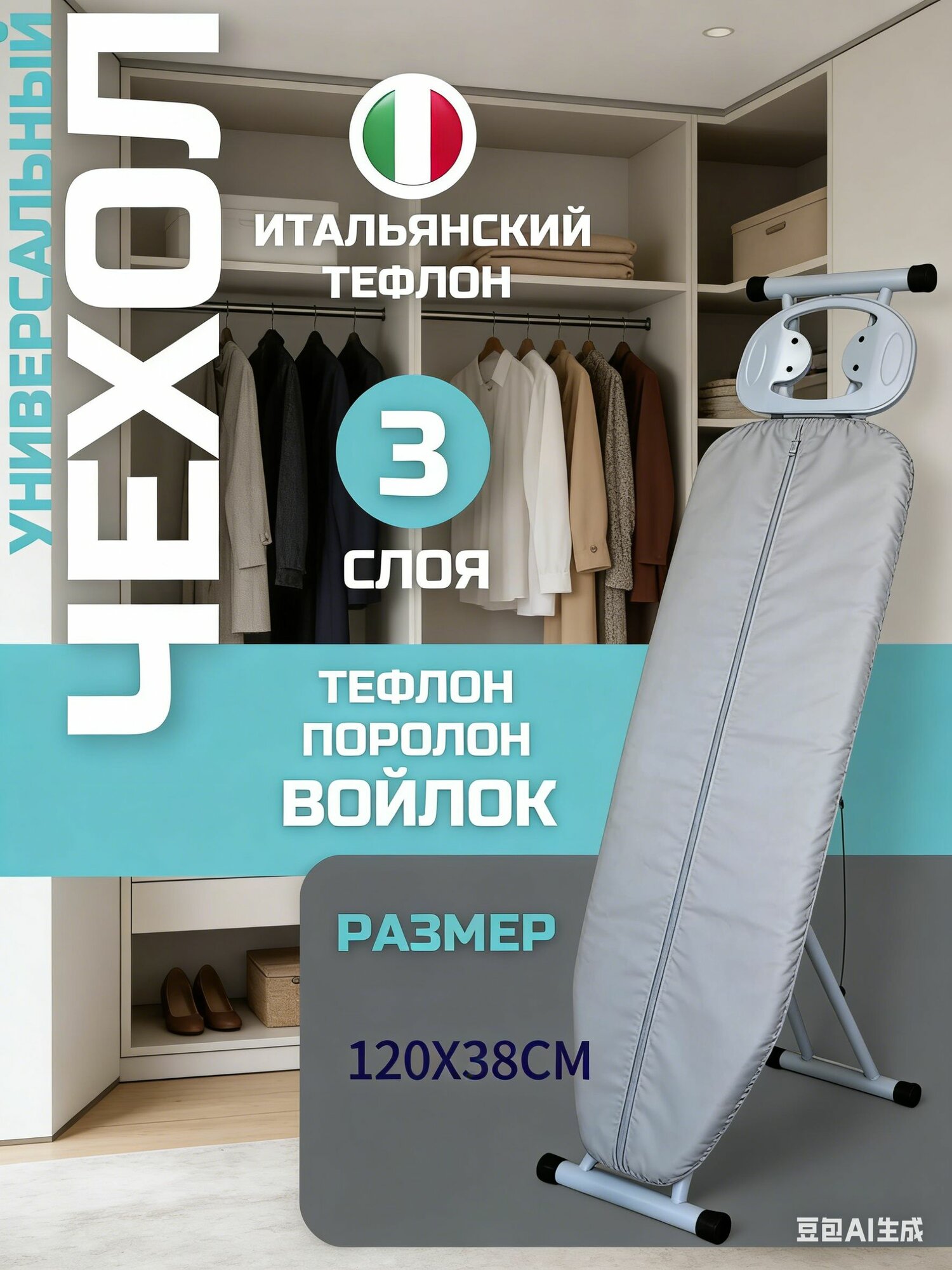 Универсальный чехол для глажки 120х38 см, 3-слойный с тефлоном, защита от пригорания, серого цвета