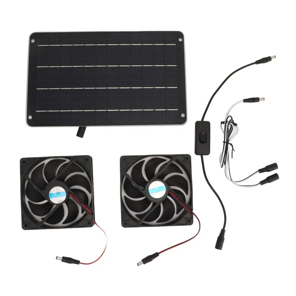 Солнечный вентилятор 20Вт для курятников и теплиц, черный, 2 шт.