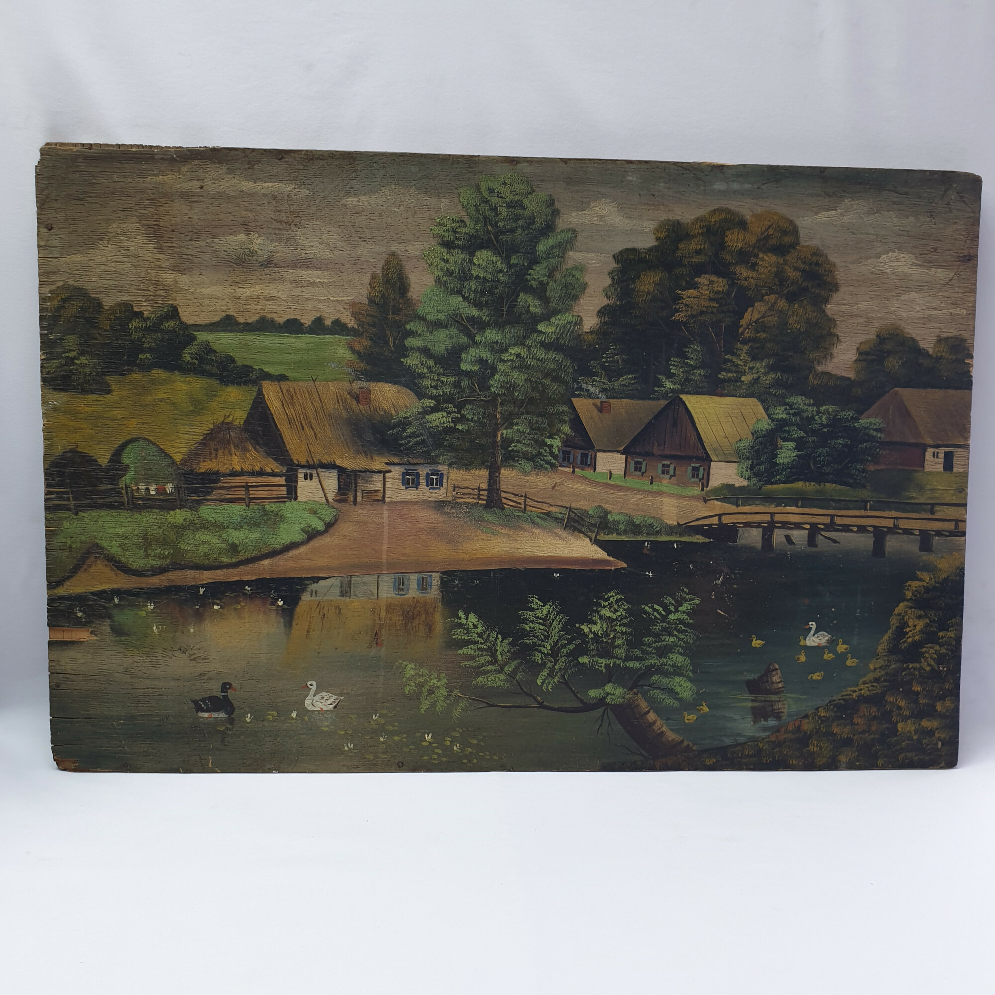 Винтажная картина Деревенька у реки, фанера, 52х78 см. СССР.