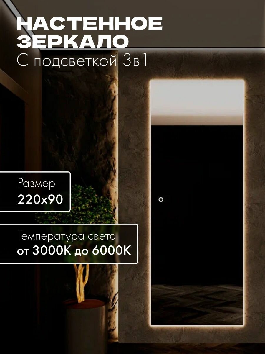 Зеркало настенное 220х90 см. с подсветкой сенсорное без рамы интерьерное MOONRISE