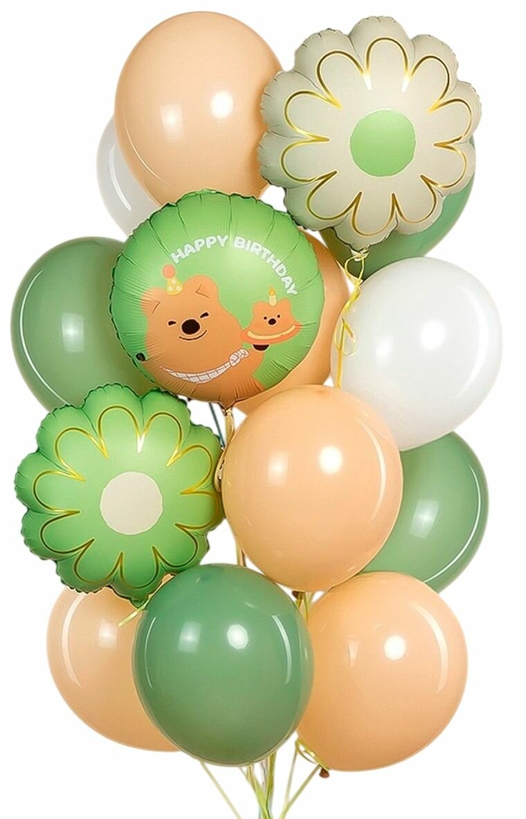 Воздушные латексные шары-букет "Капибара с ромашкой", надувной фигурный фольгированный шар-фигура, набор шариков из фольги и латекса для праздника, 12 шт.