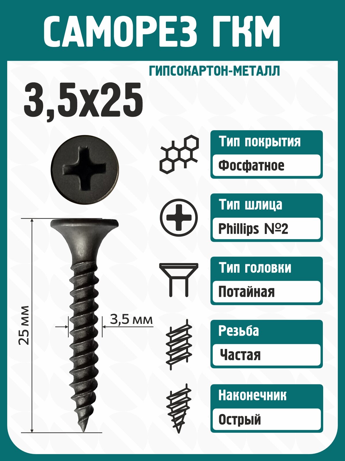 Саморезы по металлу черные 3,5х25 (500 шт) Rizzel гипсокартон металл