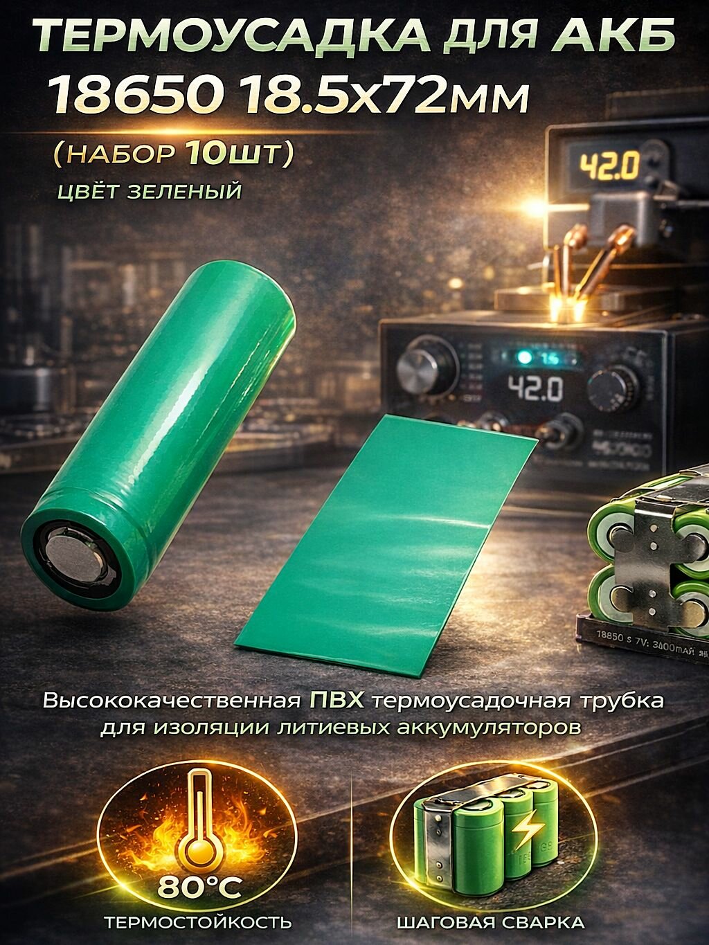 Термоусадка для АКБ 18650 18.5x72мм (набор 10шт) Цвет Зеленый