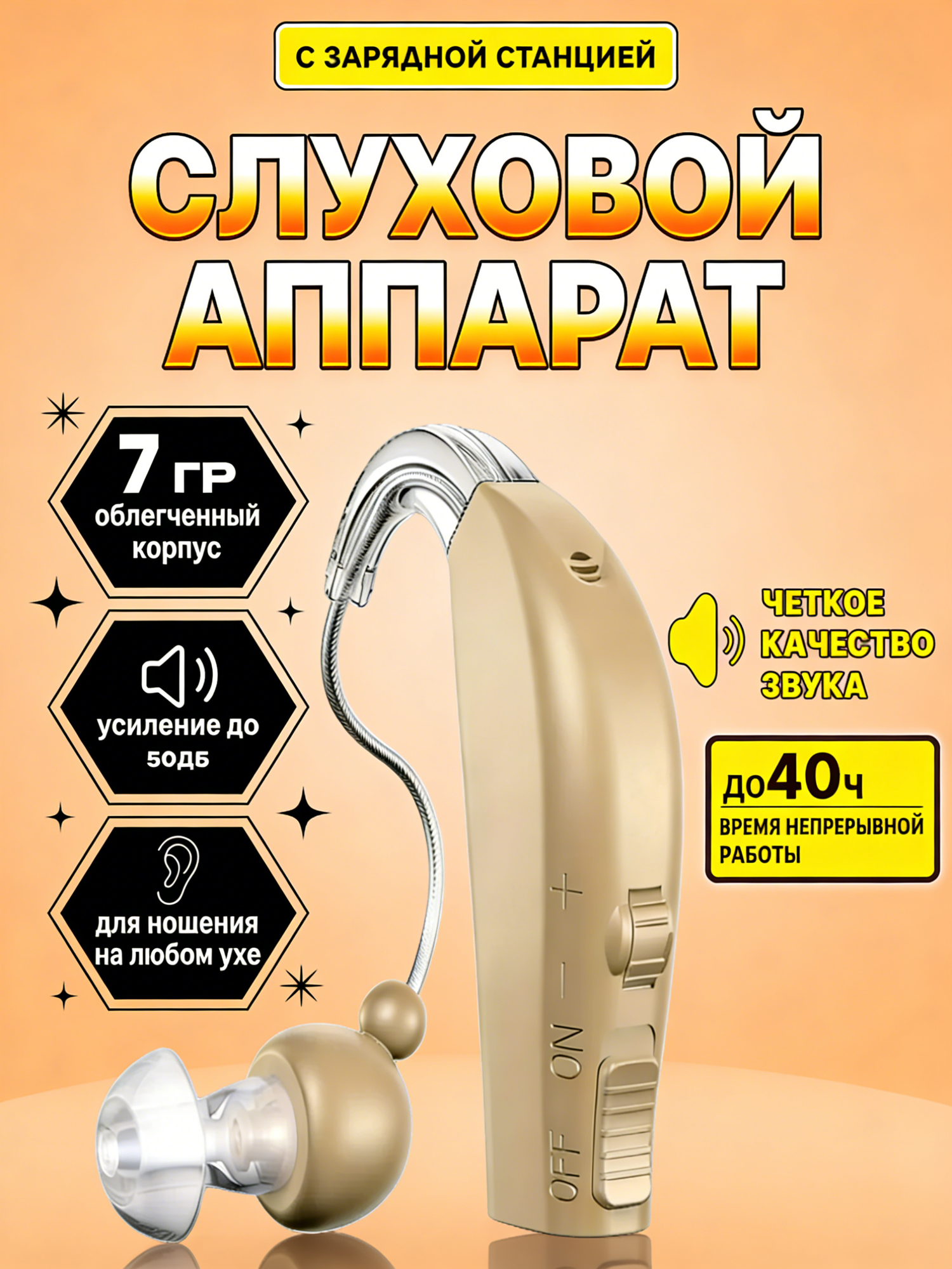 Слуховой аппарат, усиление звука до 30Х, влагозащита, мягкие амбушюры