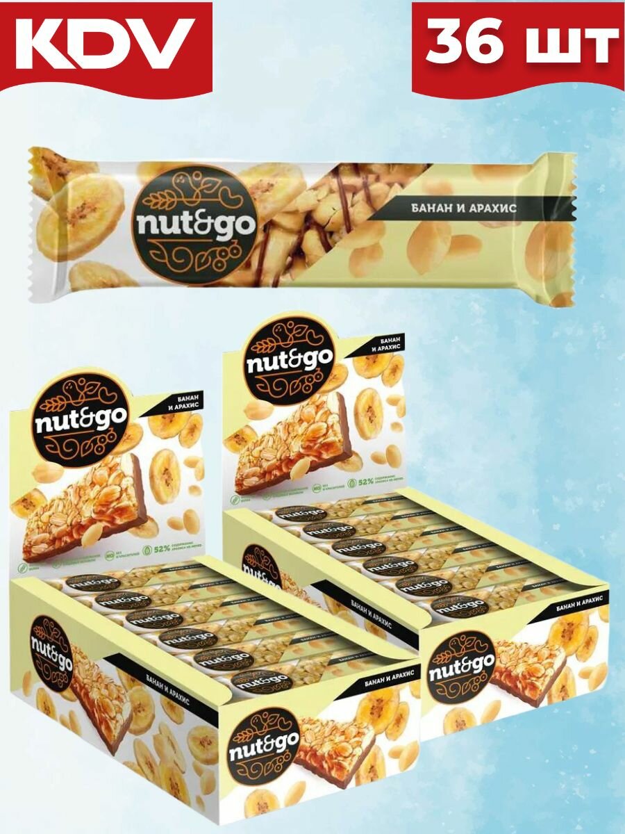 Батончик Nut&Go Банан и арахис, отборный арахис, натуральный сушеный банан 36 штук по 42 гр