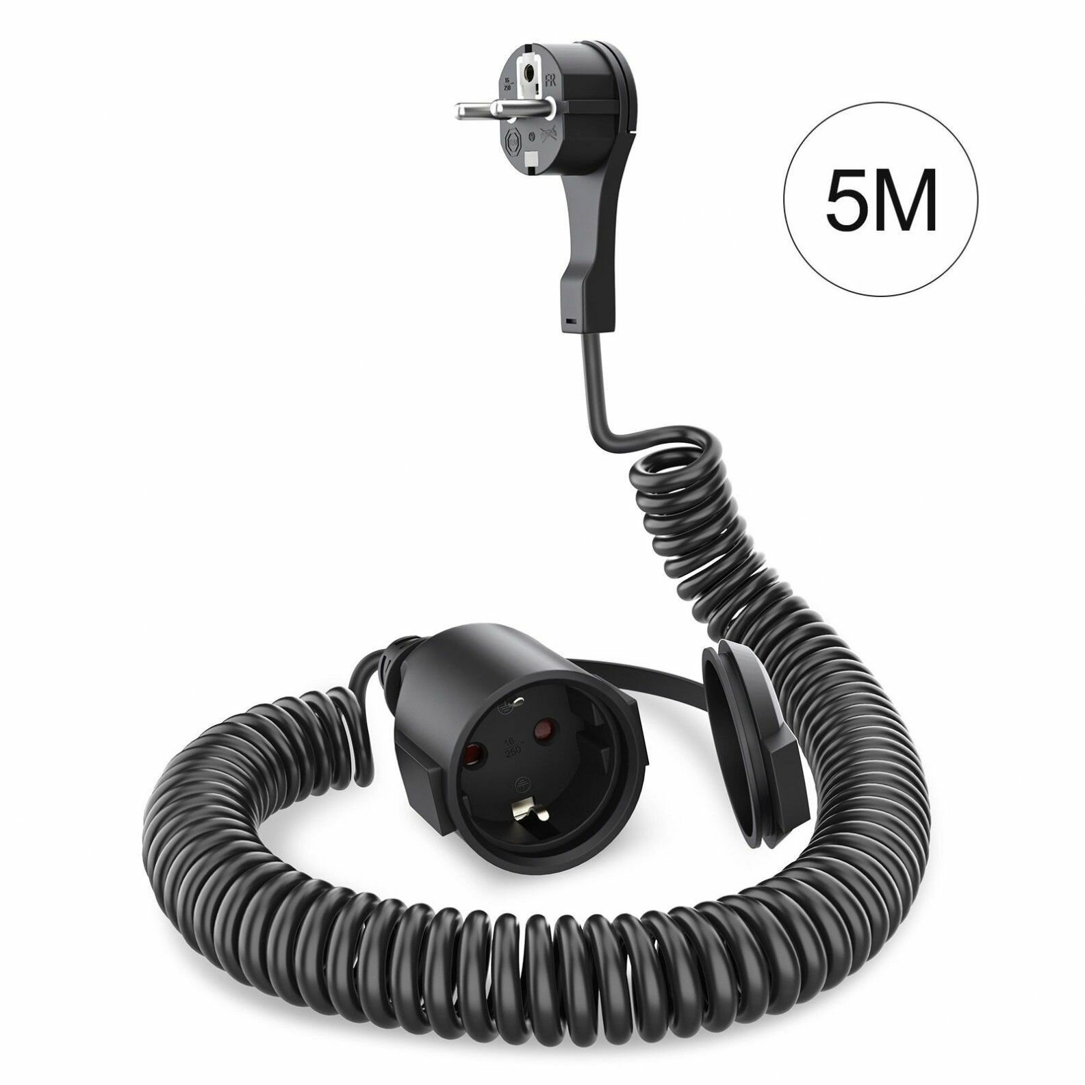 HITRENDS Пружинный кабель PVC (евро с крюком) 5м 1мм черный - гибкий провод для розеток, удлинителей и переносок