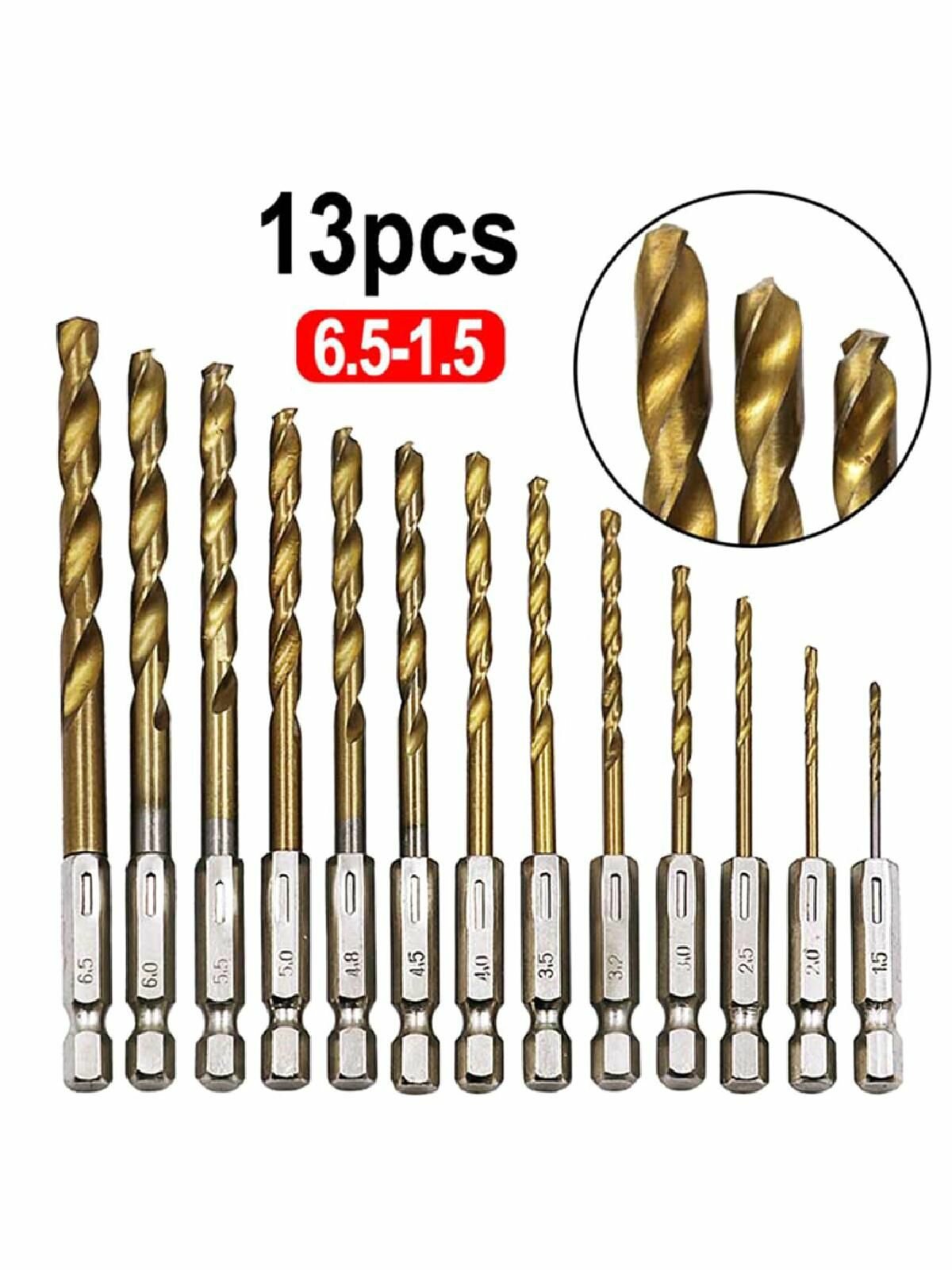13 шт./компл, 1,5-6,5 мм, быстрорежущая сталь HSS для сверла с шестигранным хвостовиком 1/4 с покрытием