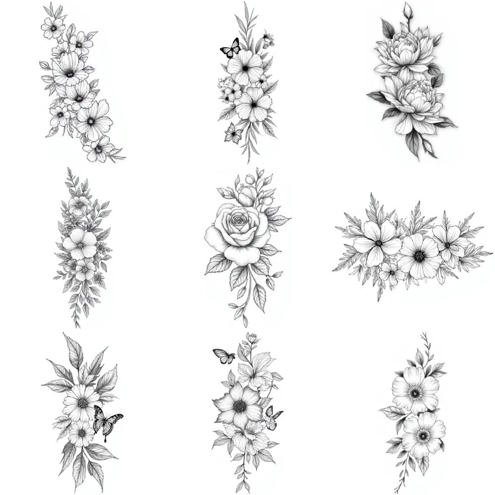 Временные татуировки цветы, ботанические рисунки, 9 шт, 1A-9X6cm