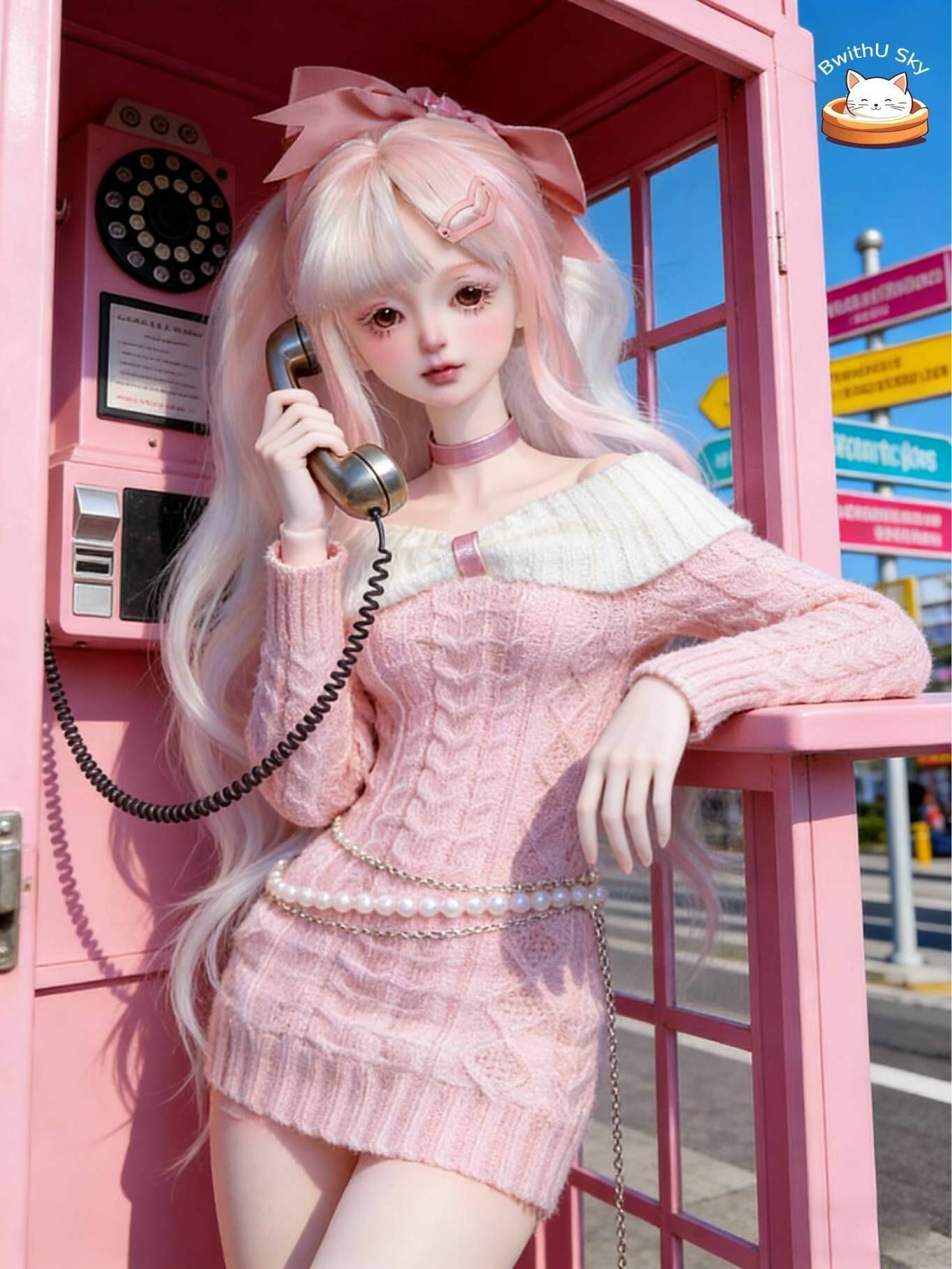 BwithUSky Fuka 1/4 BJD: Модный Наряд с Розовым Свитером и Жемчужной Цепочкой Коллекционный Лук
