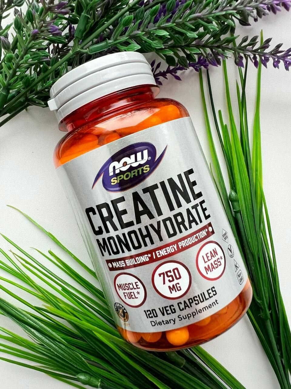 Креатин NOW "Creatine Monohydrate", 160 г, 120 капсул, нейтральный, без ГМО, лактозы и глютена