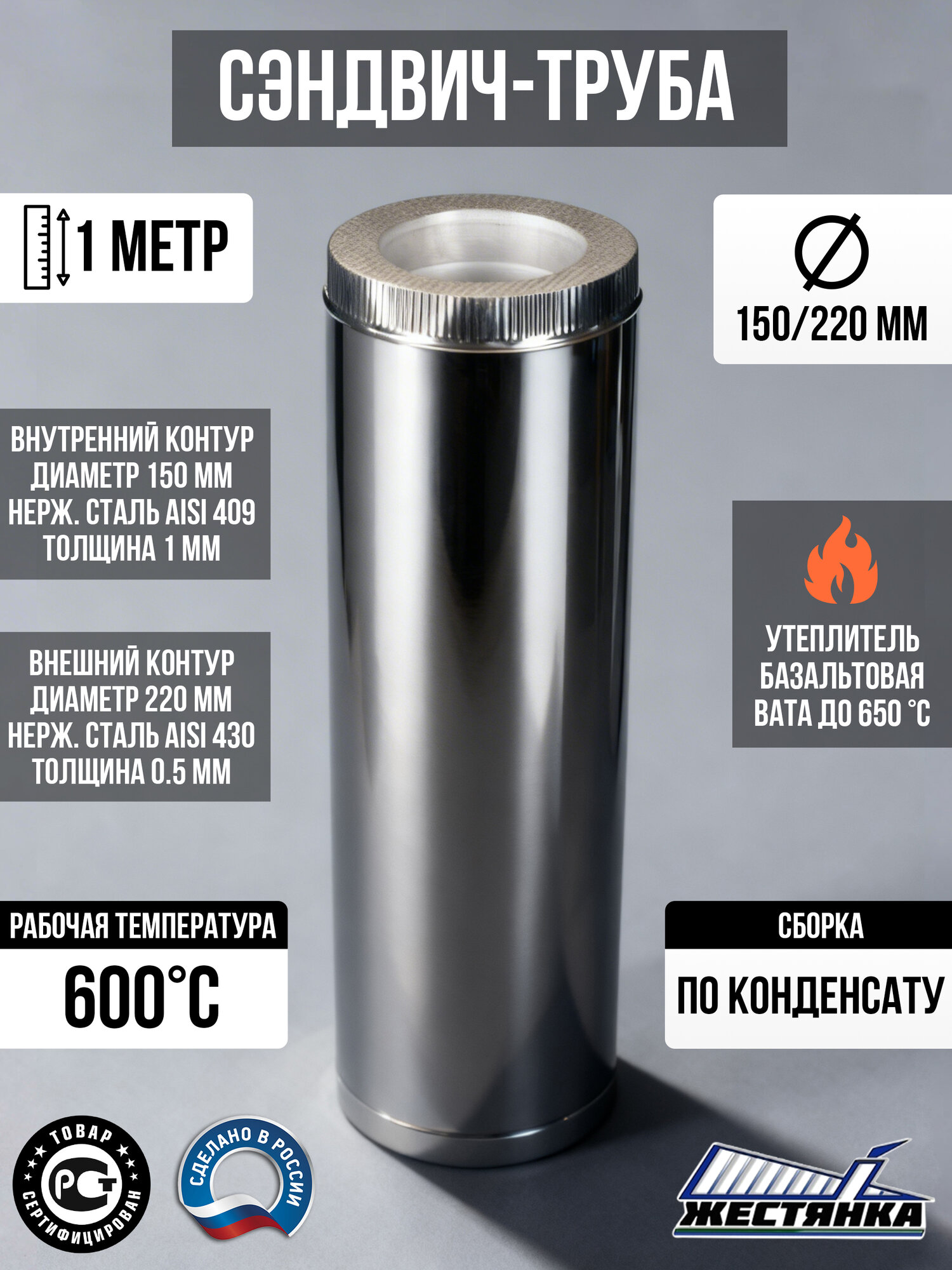 Сэндвич - труба для дымохода 115/200, 1 метр, нержавеющая сталь AISI 409, толщина 1 мм, наполнитель базальтовая вата