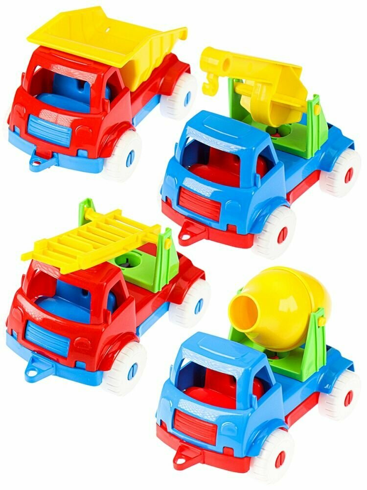 Набор машинок Спецтехника для мальчиков 4 в 1 Plampy: Самосвал, Пожарная машина, Кран, Бетономешалка, 12 см