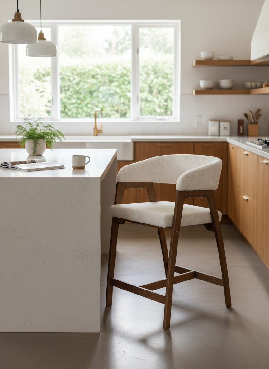 Полубарный стул мягкая посадка с подлокотниками и с мягкой спинкой, белый букле + ножки светлый дуб 54х58х93 см