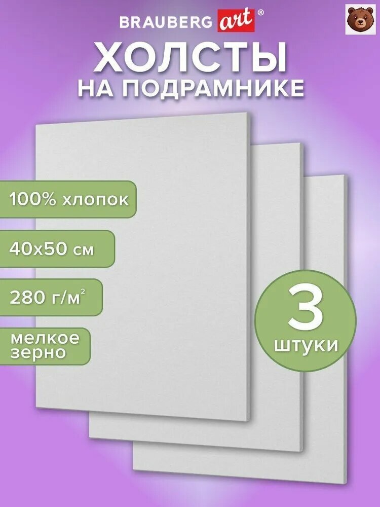 Холст для рисования на подрамнике 40х50 см грунтованный набор 3 штуки, 280 г/м2, 100% хлопок, мелкое зерно, Brauberg Art Basic