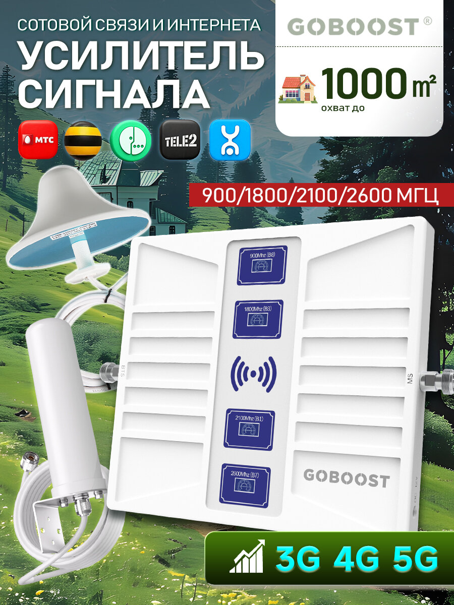 Усилитель сигнала сотовой связи и интернета с и 2 антеннами 2G 3G 4G 5G GSM 900 1800 2100 2600МГц до 1200 м2