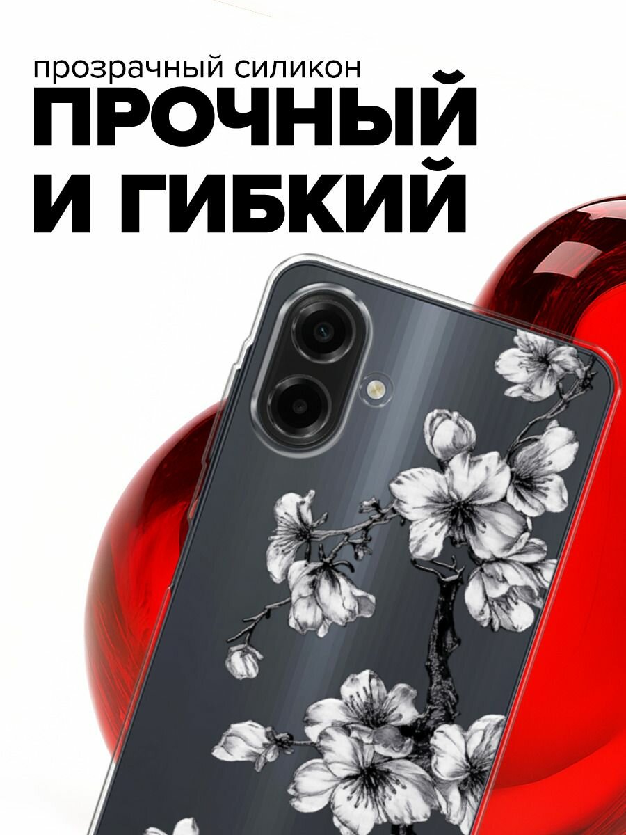 Силиконовый чехол на Samsung Galaxy A07 / Самсунг А07 с принтом Ветка сакуры серая — фото 1