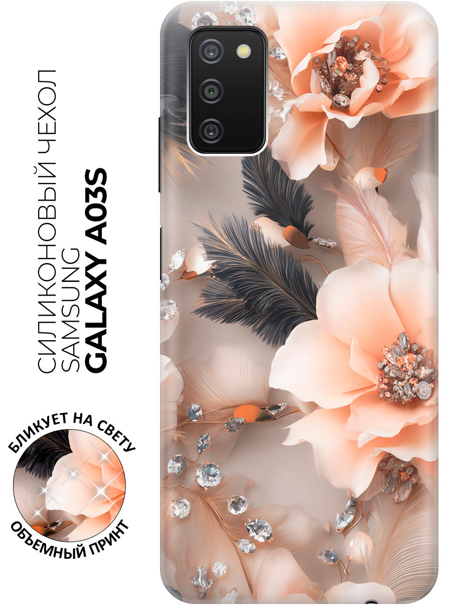 Силиконовый чехол на Samsung Galaxy A03s с принтом "Персиковые цветы и самоцветы"
