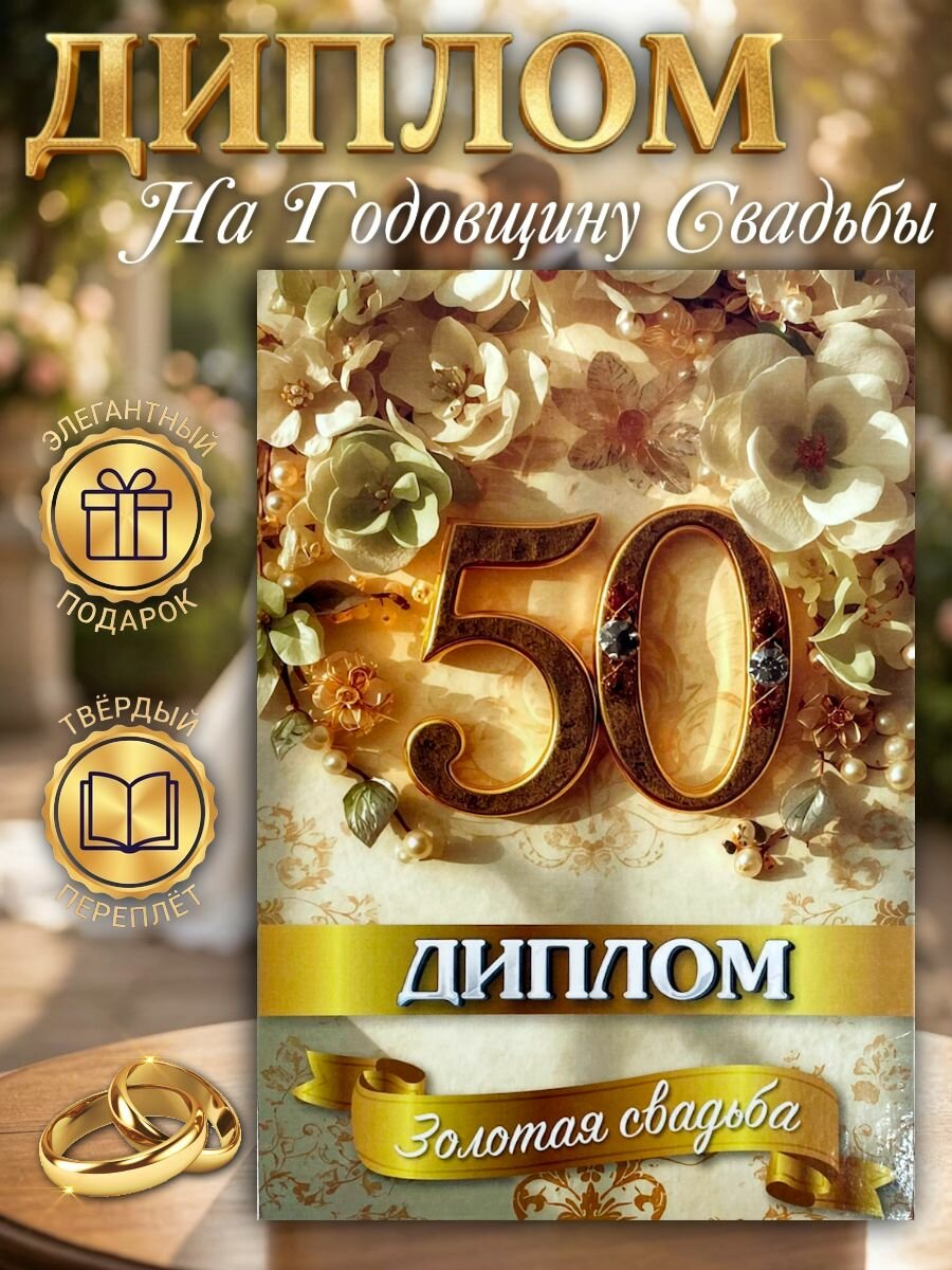 Подарочный диплом для награждения на годовщину свадьбы Золотая свадьба - 50 лет, 150 х 210 мм