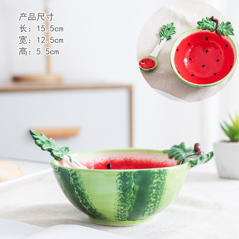 Салатница из арбуза с ложкой, керамическая, красная/зеленая, 15 см