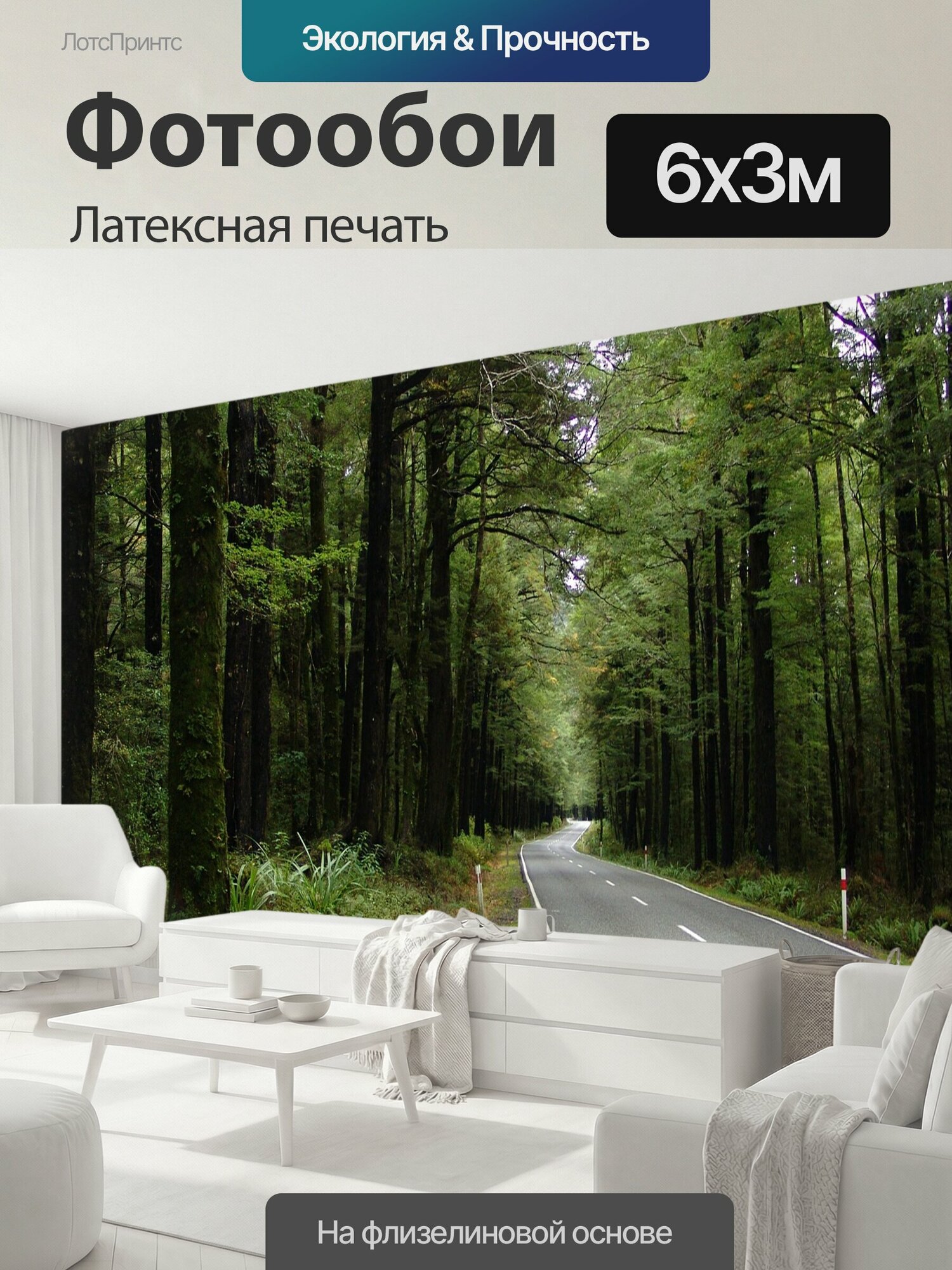 Фотообои моющиеся ударопрочные "Дорога, лес, шоссе" 600x300 см. латексная печать