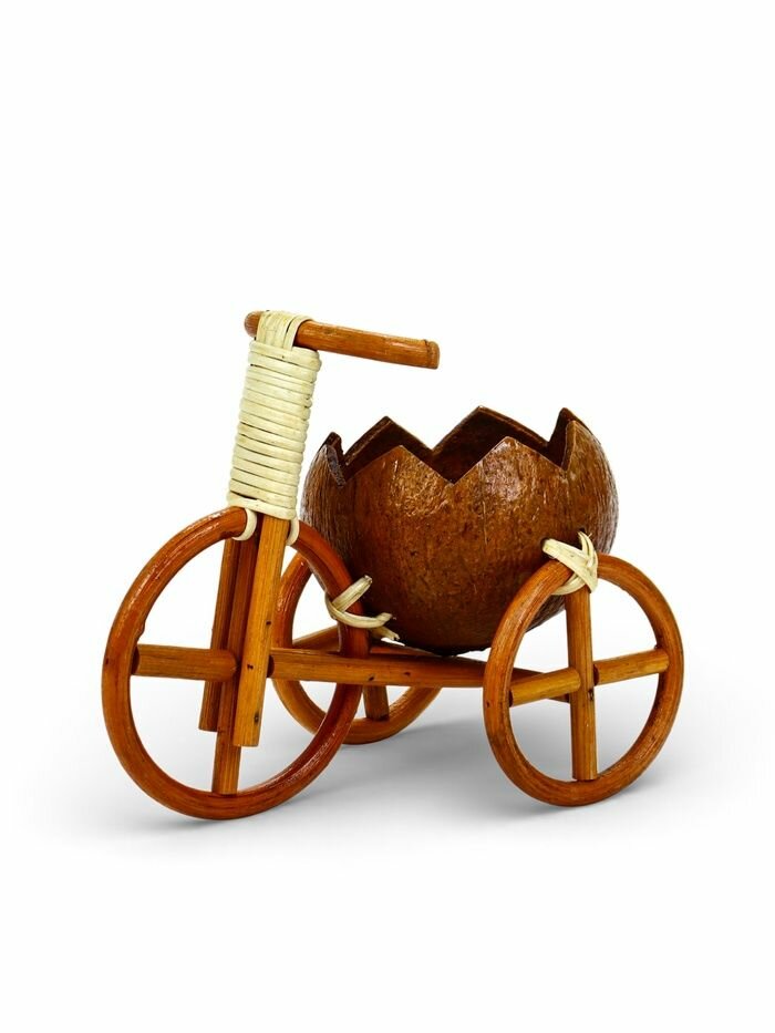 Декоративное кашпо - кокос Велосипед резной , 20 12 17 см, деревянное