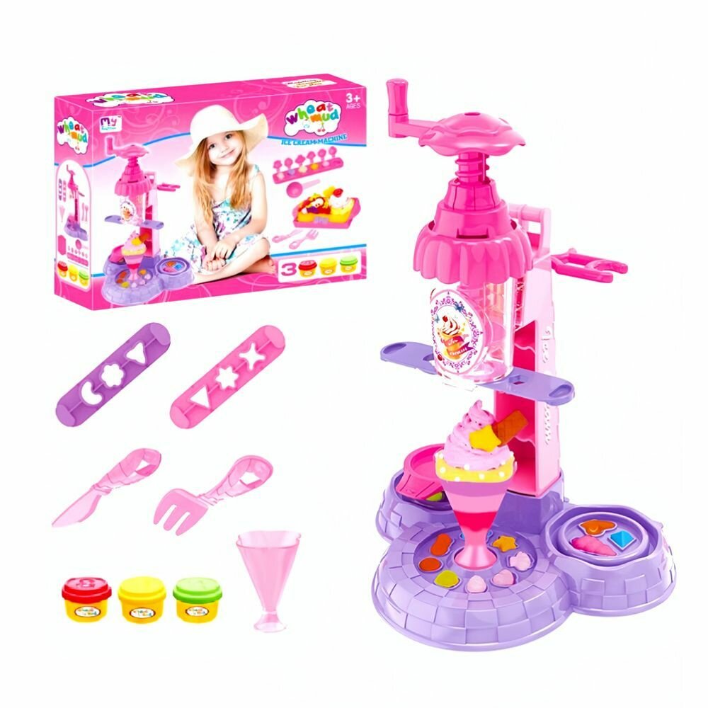 Детский игровой набор для лепки из пластилина Фабрика мороженого, 3 цвета, пресс, формочки