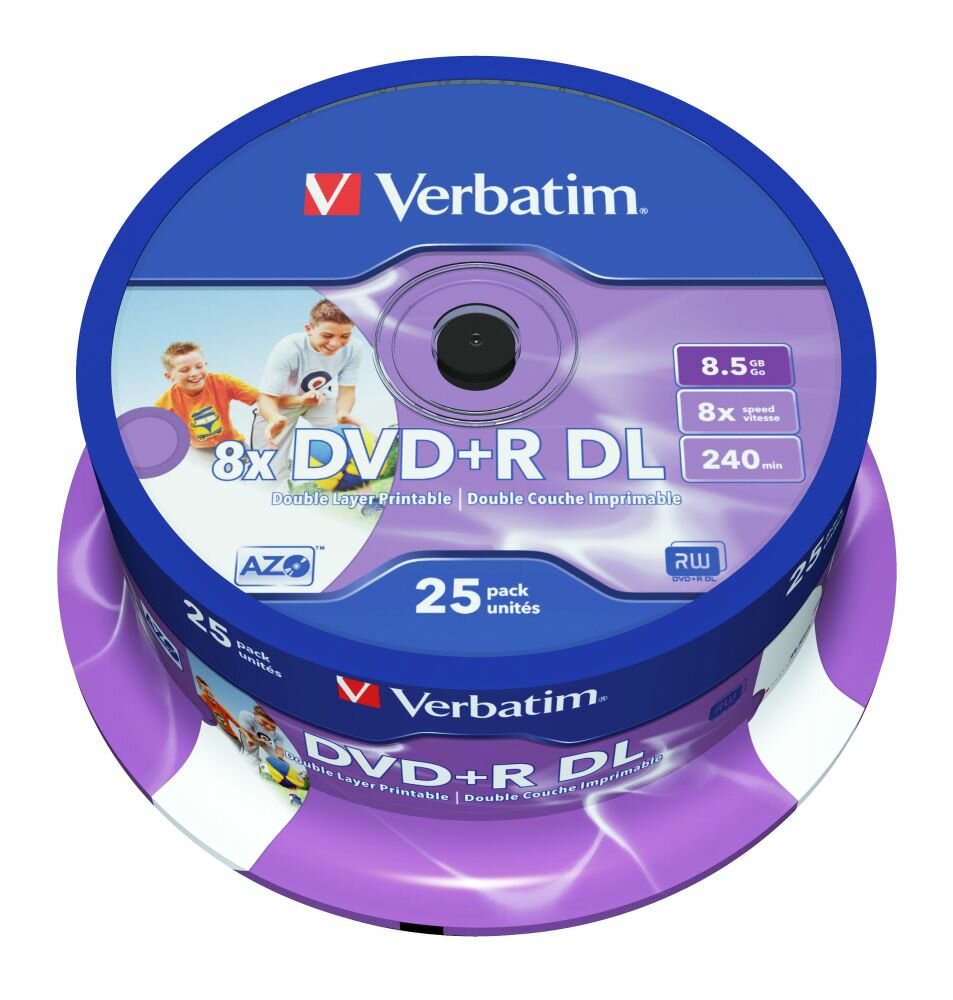 Оптические диски Verbatim DVD+R DL 8.5 ГБ 8X AZO под струйную печать Printable No ID 25 шт. на шпинделе