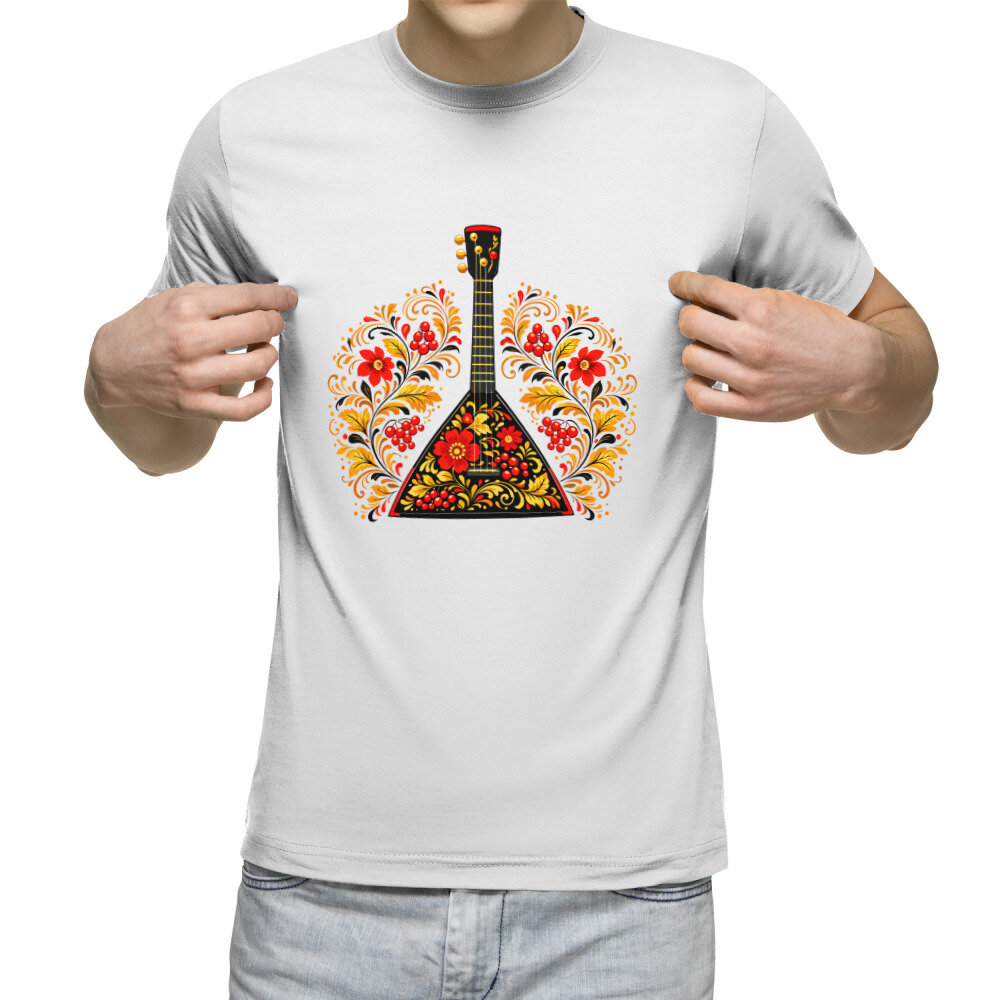 Мужская футболка «Хохлома: узор-балалайка (русские традиции)» (белый, M)