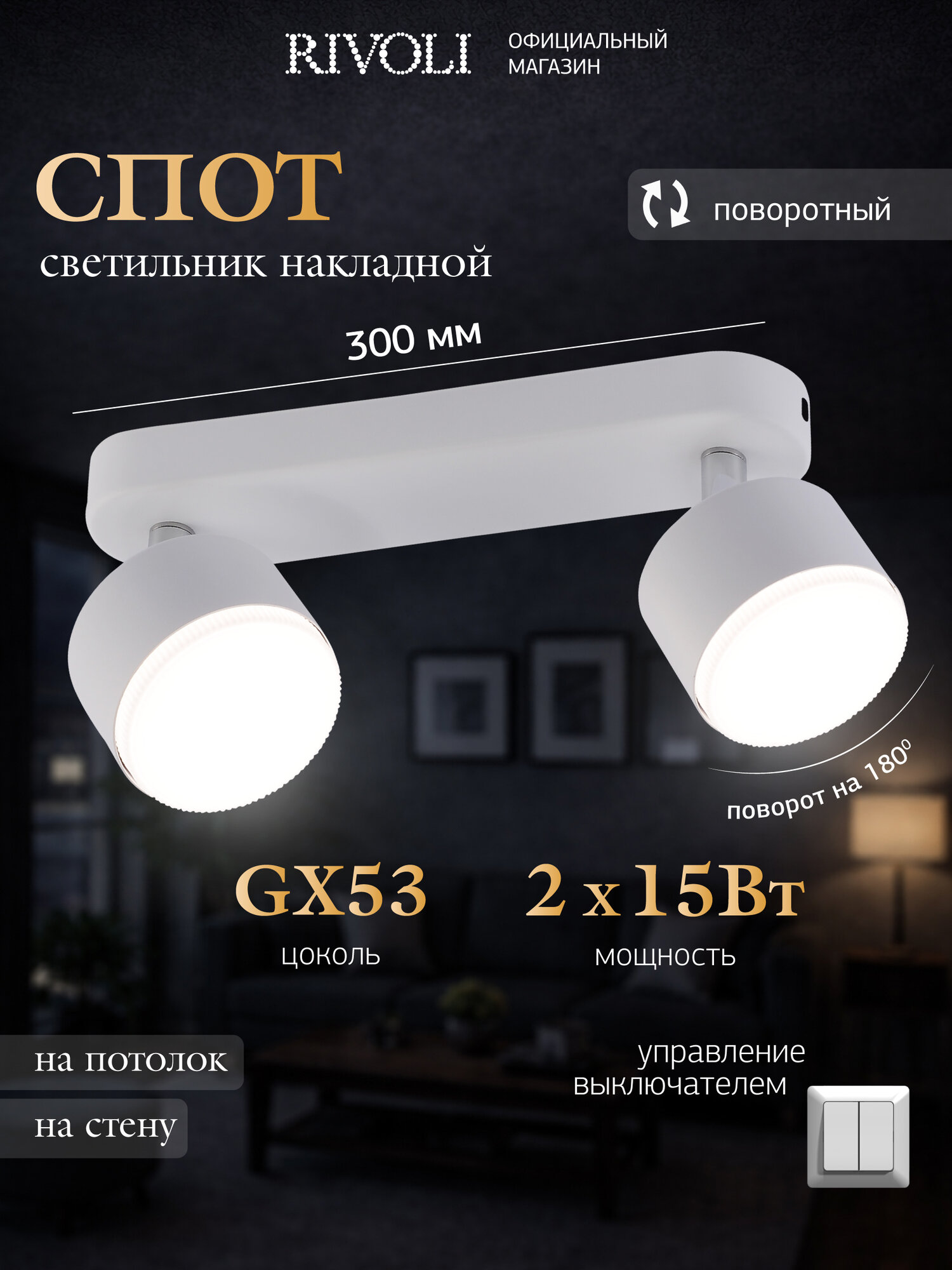 Светильник настенно-потолочный спот Rivoli Seren 7089-702 2хGX53 15Вт поворотный для кухни, гостиной, спальни, коридора