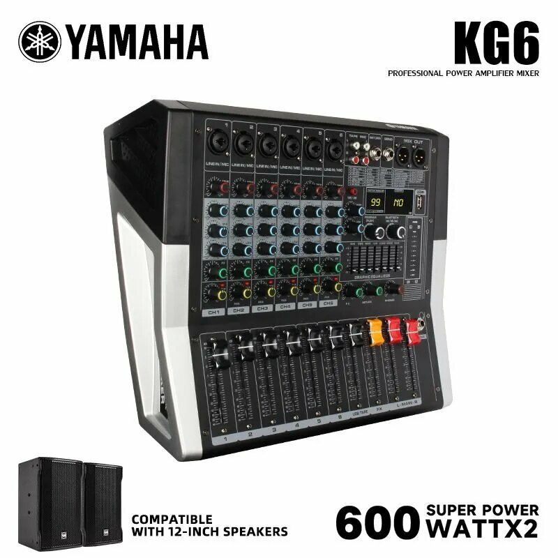 Миксер Yamaha KG6 мощностью 600 Вт, совместим с 12-дюймовыми колонками, оснащён эквалайзером и поддерживает Bluetooth и USB.