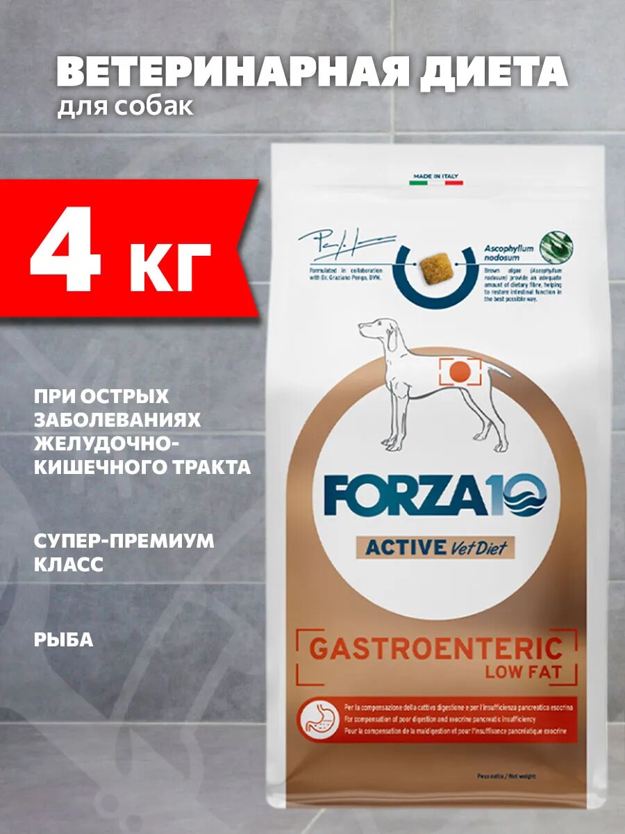 Корм сухой Forza10 Dog Active Vet Diet Gastroenteric Low Fat для собак при острых заболеваниях ЖКТ, 4 кг