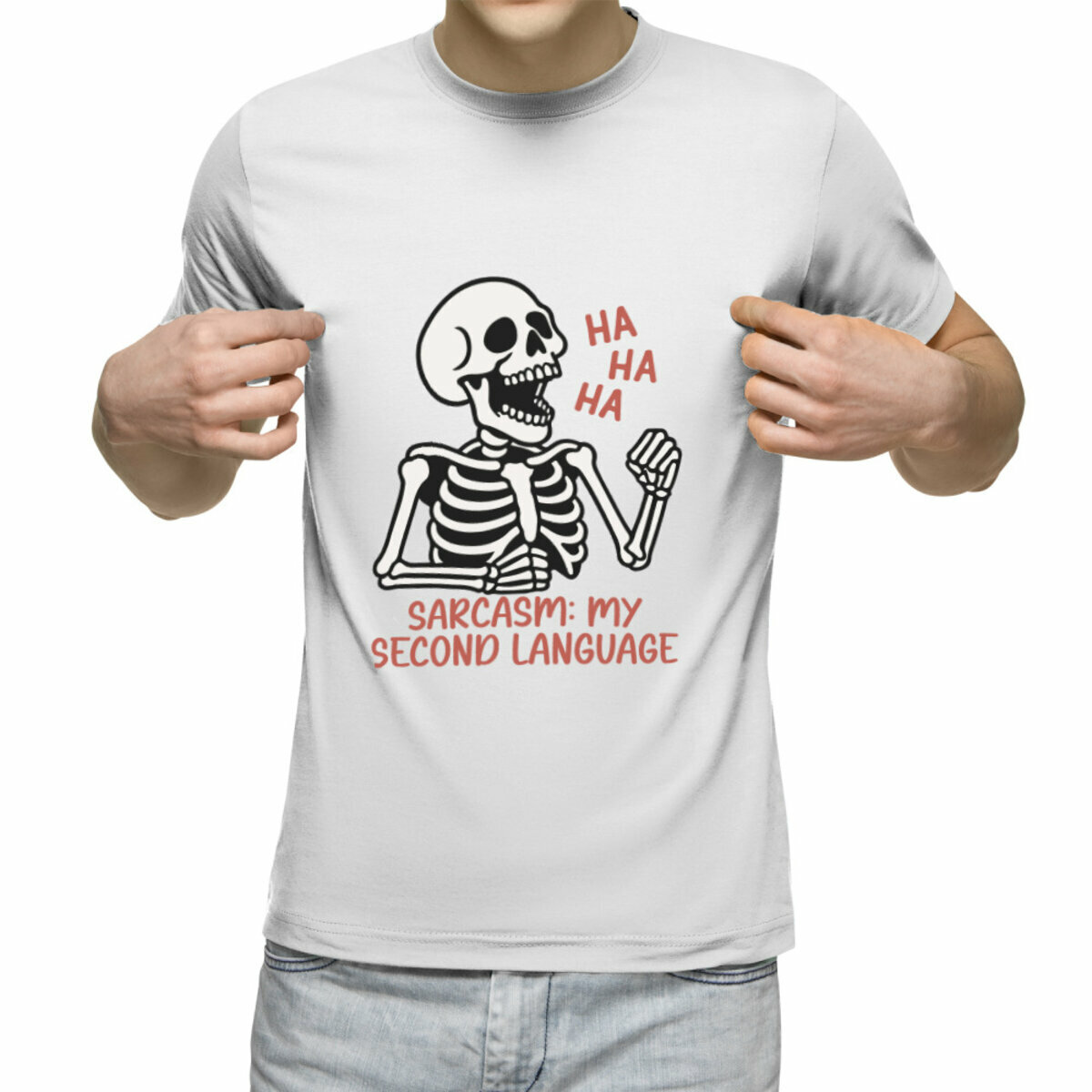 Мужская футболка «Скелет смеётся: Sarcasm my lang» (белый, M)