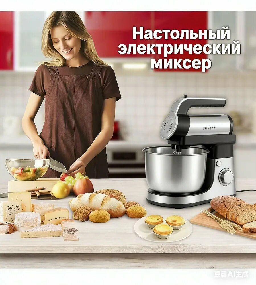 Планетарный миксер Многофункциональный настольный электрический миксер 3 в 1, 1000 Вт, 4 л, для взбивания яиц, сливок и замеса теста, 1000 Вт
