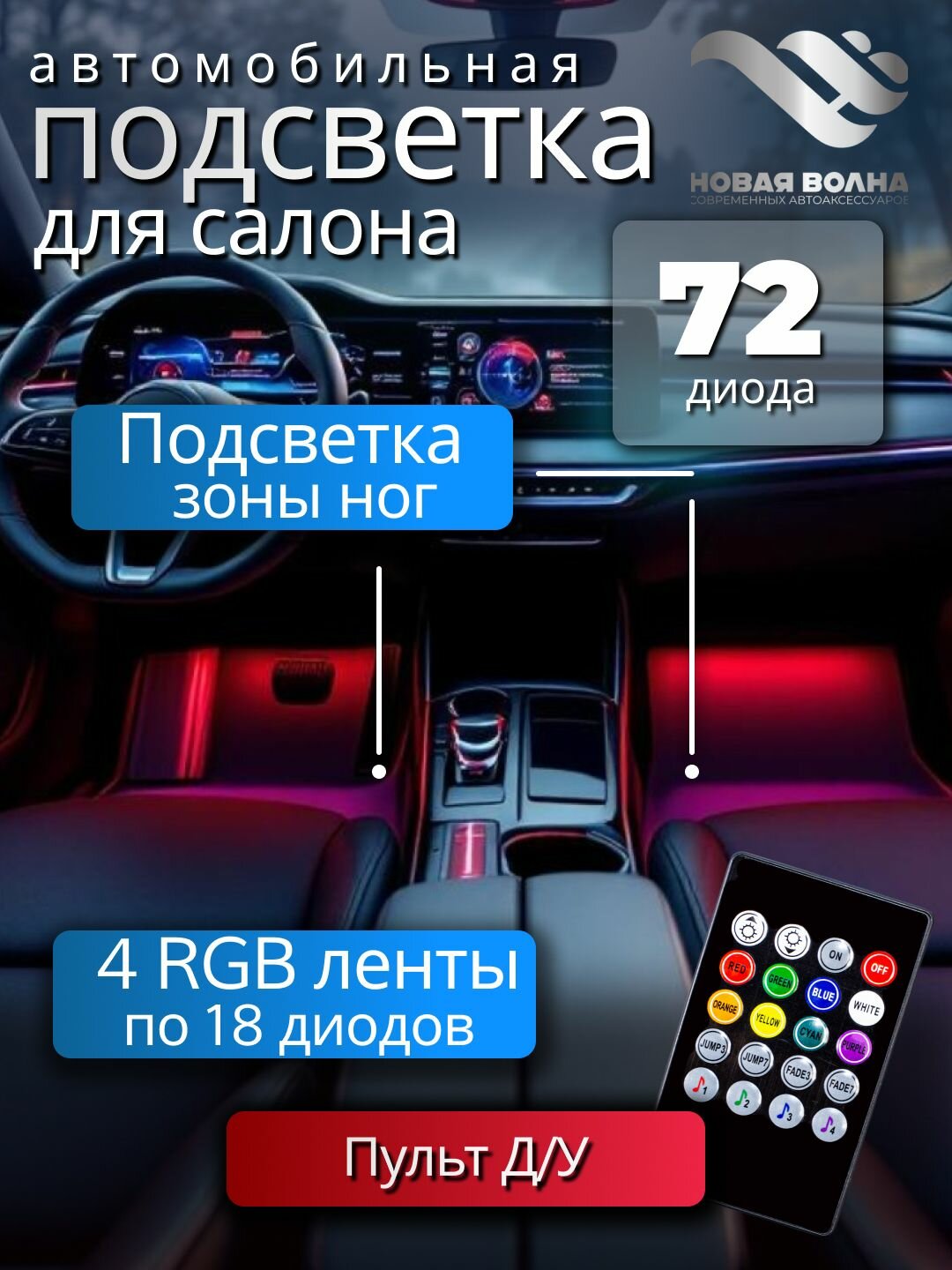 Светодиодная автомобильная подсветка салона с ИК-пультом и светомузыкой на 72 диода для авто в машину с пультом