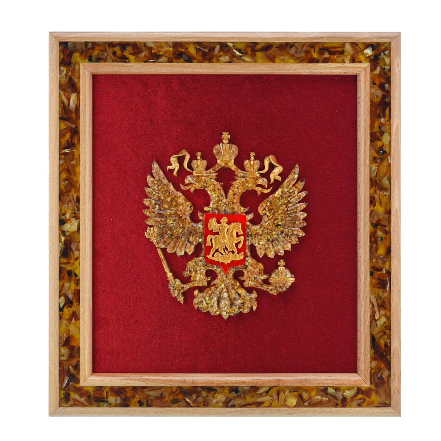 202370 Янтарь Панно "Герб РФ" в дер раме на бархате 40*43 см