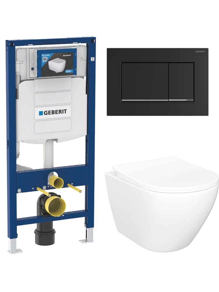 Комплект 4 в 1: Инсталляция Geberit Duofix UP 320 111.300.00.5 (111.950.00.6) / Унитаз подвесной STWORKI Кронборг S28401WH безободковый, с микролифтом / Комплект креплений, Кнопка Geberit Sigma 30 115.883.14.1, черный матовый лак, хром