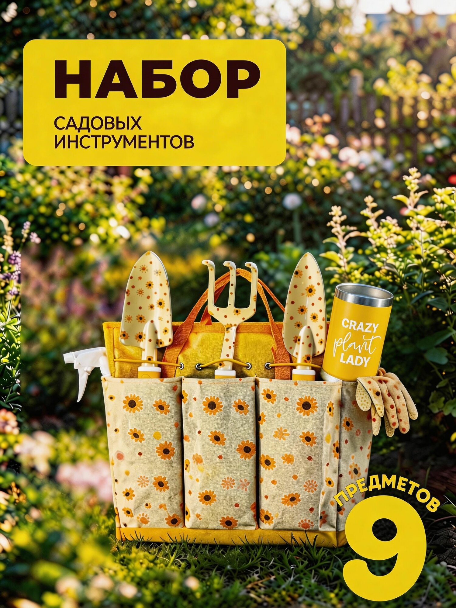 Подарочный набор садовых инструментов для женщин (9 предметов) с сумкой и термокружкой Sunflower Theme