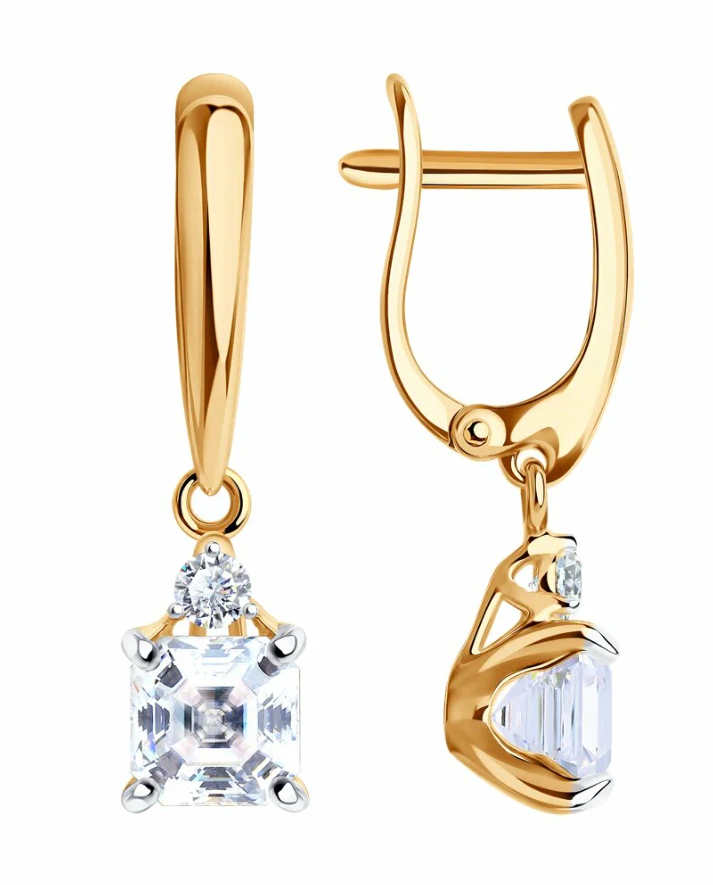 Серьги с подвесками, серебро, 925 проба, золочение, фианит