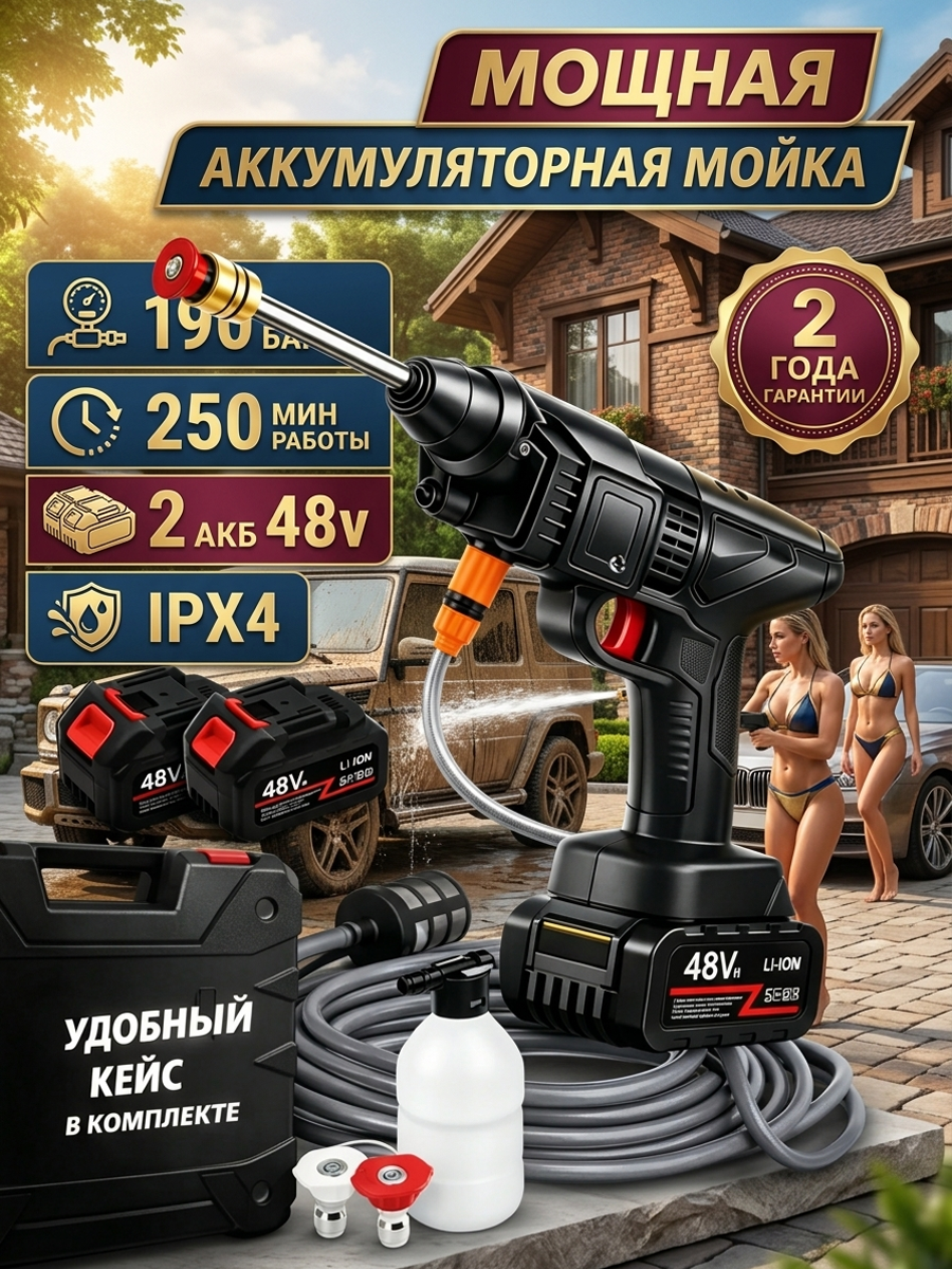 Аккумуляторная автомойка , высокого давления , для автомобиля в кейсе, 2 аккумулятора, минимойка с пенообразователем