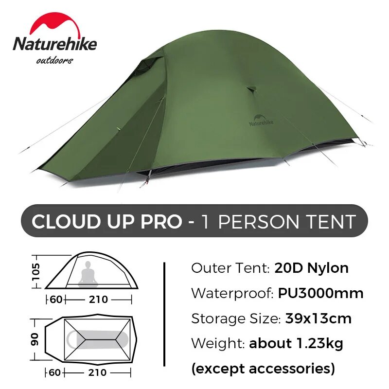 Намет Naturehike Cloud Up Pro Ультralight для 1-2 человек, 20D, водонепроницаемый, для кемпинга, походов, альпинизма, велосипедных поездок, рыбалки - 1P - Зеленый - 20D