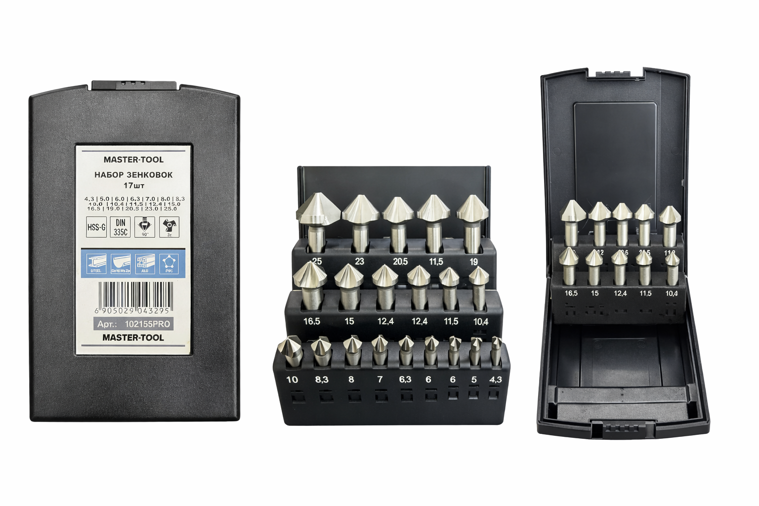Набор зенковок по металлу MASTER-TOOL 90° 4,3-25мм HSS-G 3z 17шт 102155PRO