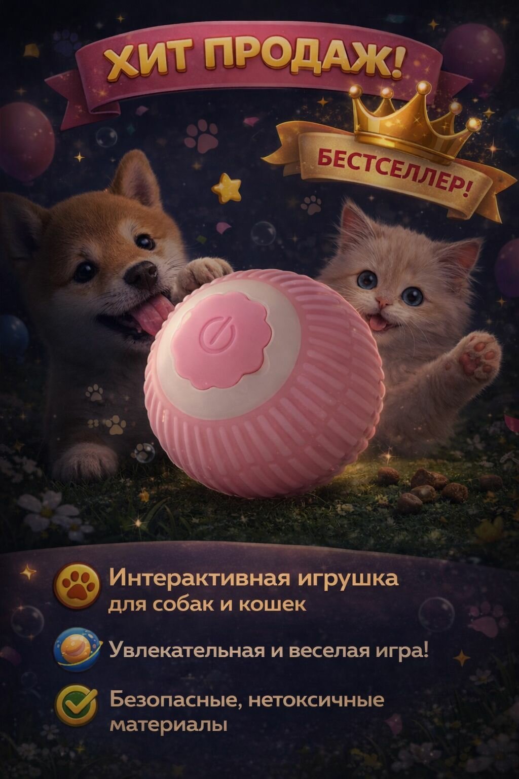 Игрушка для кошек Smart Pet Ball 01, интерактивный электрический шар с автодвижением и подсветкой, светло-розовый
